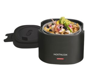 nostalgia portable 20-ounce electric heated lunch box – travel size 2.5 cup capacity for soup, chili, and leftovers – leak proof silicone sealed lid, foldable carry handle, detachable cord – black