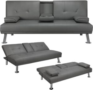 futon sofa bed modern folding couch for small space, faux leather convertible loveseat sleeper bed daybed recliner lounge sofas for living room,2 cup holders,metal legs,removable armrests (gray)