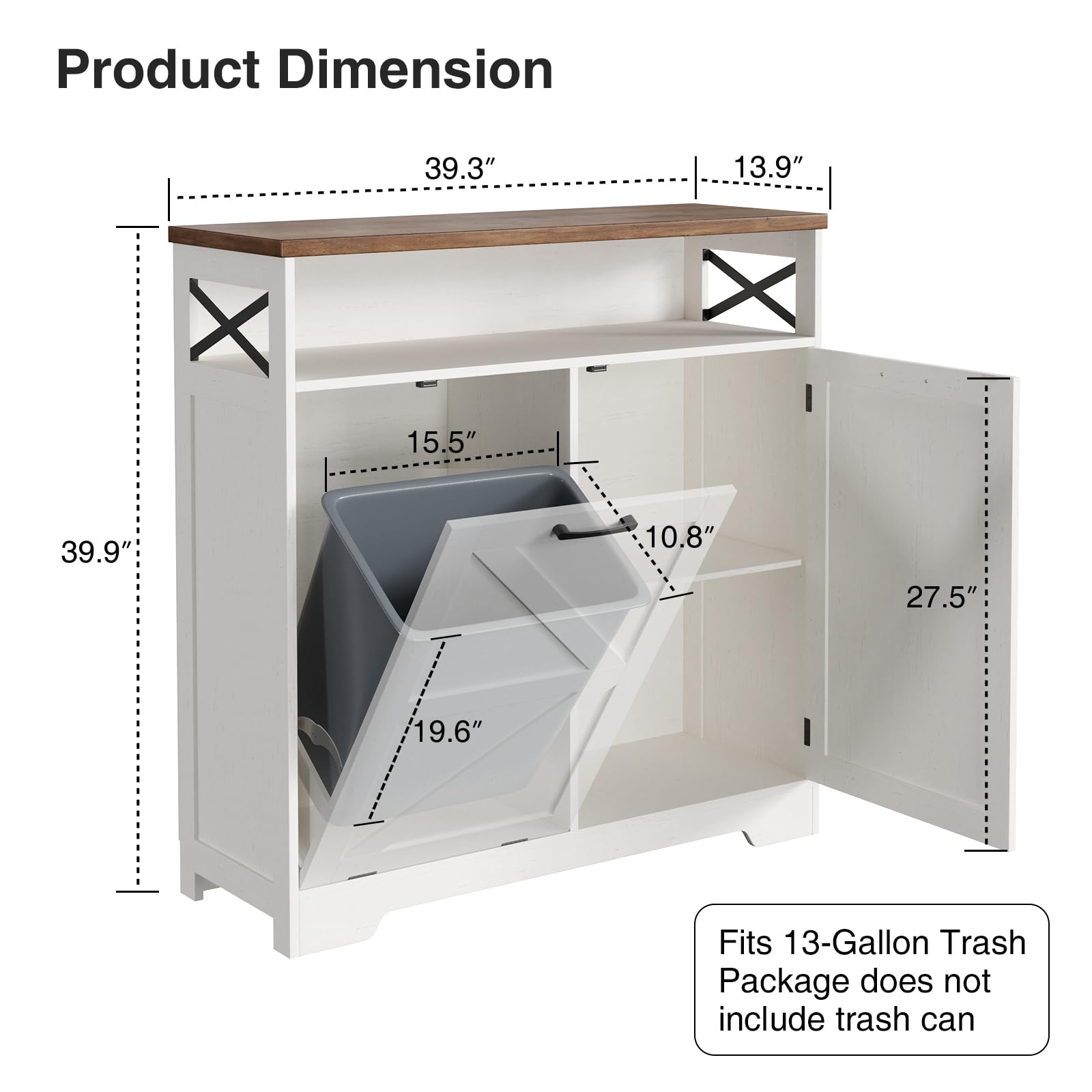 Tilt Out Trash Can Cabinet for 10 Gallon Trash Can, Farmhouse Kitchen Island Bin Cabinet with Adjustable Shelf for Hidden Laundry Basket, Dual Dog Proof Garbage Can for Dining Room, Living Room, White