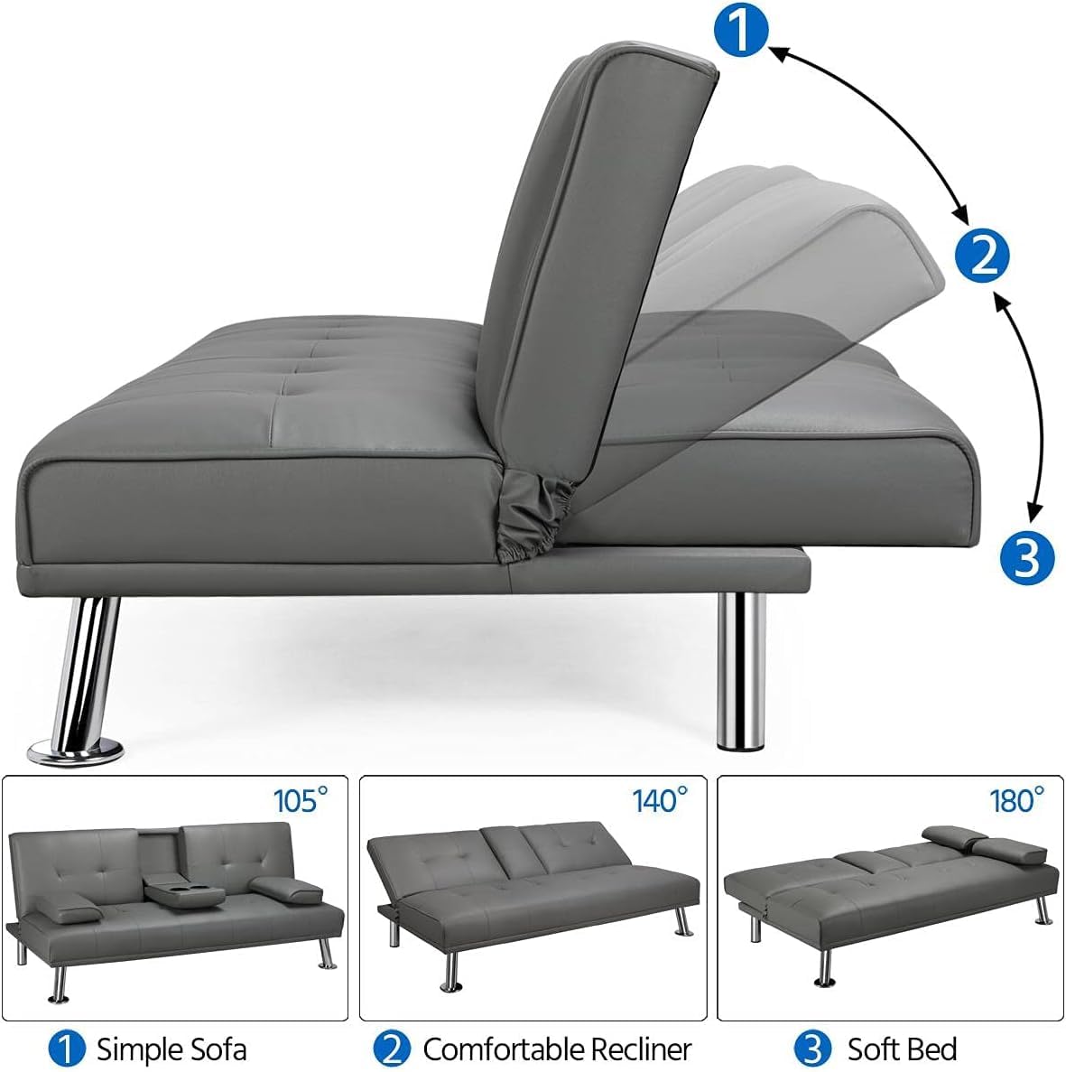 Futon Sofa Bed Modern Folding Couch for Small Space, Faux Leather Convertible Loveseat Sleeper Bed Daybed Recliner Lounge Sofas for Living Room,2 Cup Holders,Metal Legs,Removable Armrests (Gray)