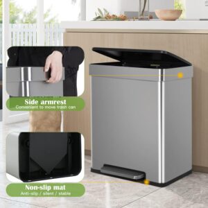 15 Gallon/56 L Kitchen Trash Can, Stainless Steel Double Trash Can with Lid, Double Barrels Garbage Can, Fingerprint-Resistant Finish, Step Trash Can with Soft Close Lid for Kitchen Bedroom Office