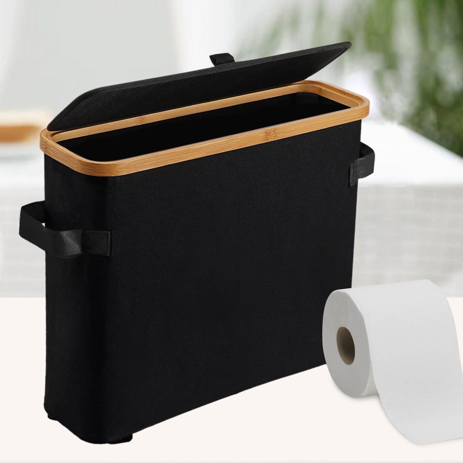 Bothyi Bamboo Toilet Paper Storage Toilet Paper Stand Multifunctional Accessories with Bamboo Lid Large for Restroom Closet Bathroom, Black