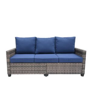 outdoor patio sofa set 3 seat couch, all weather comfort rattan sofa with high back and navy blue cushions,outdoor sofa set furniture with premium brown wicker for garden, backyard, porch,dark blue