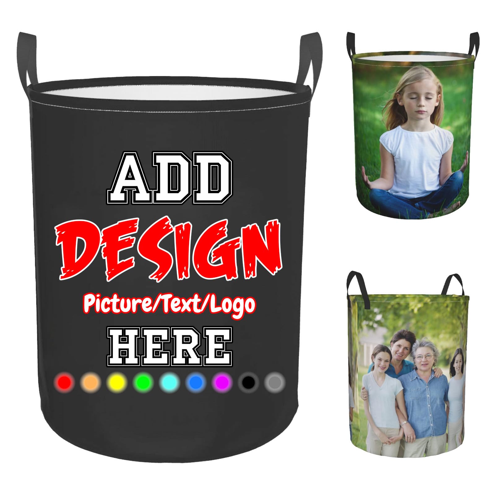 Custom Laundry Basket Personalized Laundry Hamper Add Your Photo Text Logo Clothes Hamper for Dormitory Home Bathroom Hotel (Round)