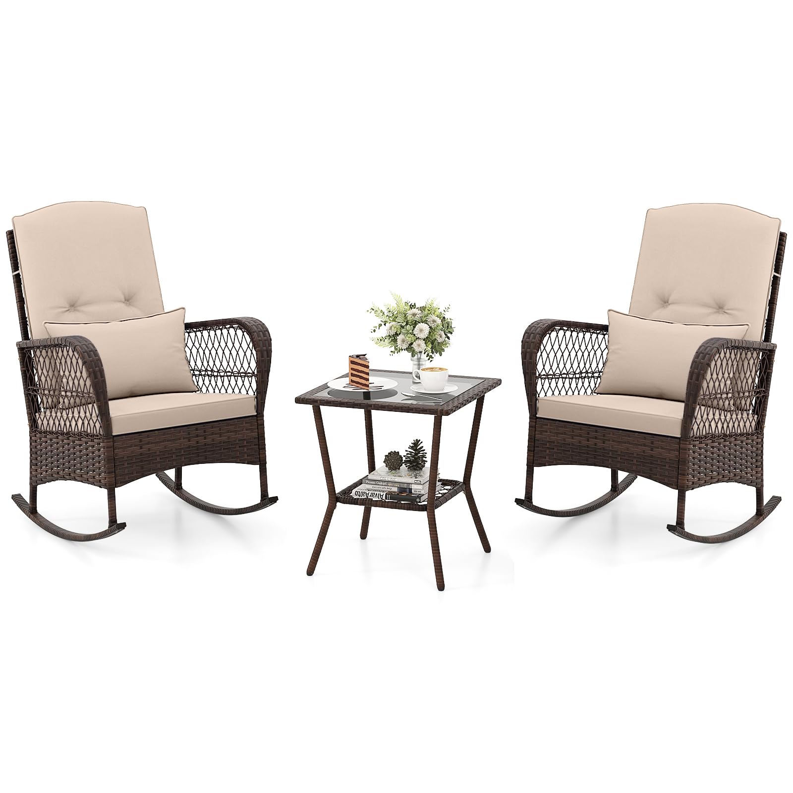 RELAX4LIFE 3-Piece Rocking Bistro Set - Rattan Wicker Rocking Chairs w/2-Tier Coffee Table, Cushions & Pillows, Conversation Rocker Set for Porch Garden Backyard, Outdoor Patio Furniture (Beige)