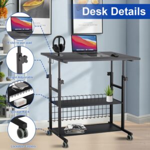 AIZ Rolling Laptop Cart with Storage for Small Spaces Portable Mobile Adjustable Computer Table on Wheels for Couch Bedrooms Black 39.4’’x19.7’’