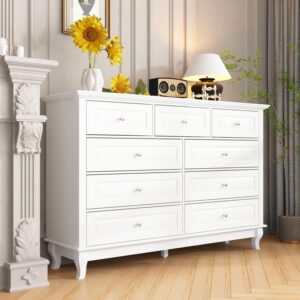 TAMUNE Chest of Drawers 9 Drawer Dresser for Bedroom, Modern White Dresser with Silver Knobs, Wide 9 Drawer Chest with Wood Legs for Bedroom Living Room, 15.7”D x 55.1”W x 37”H