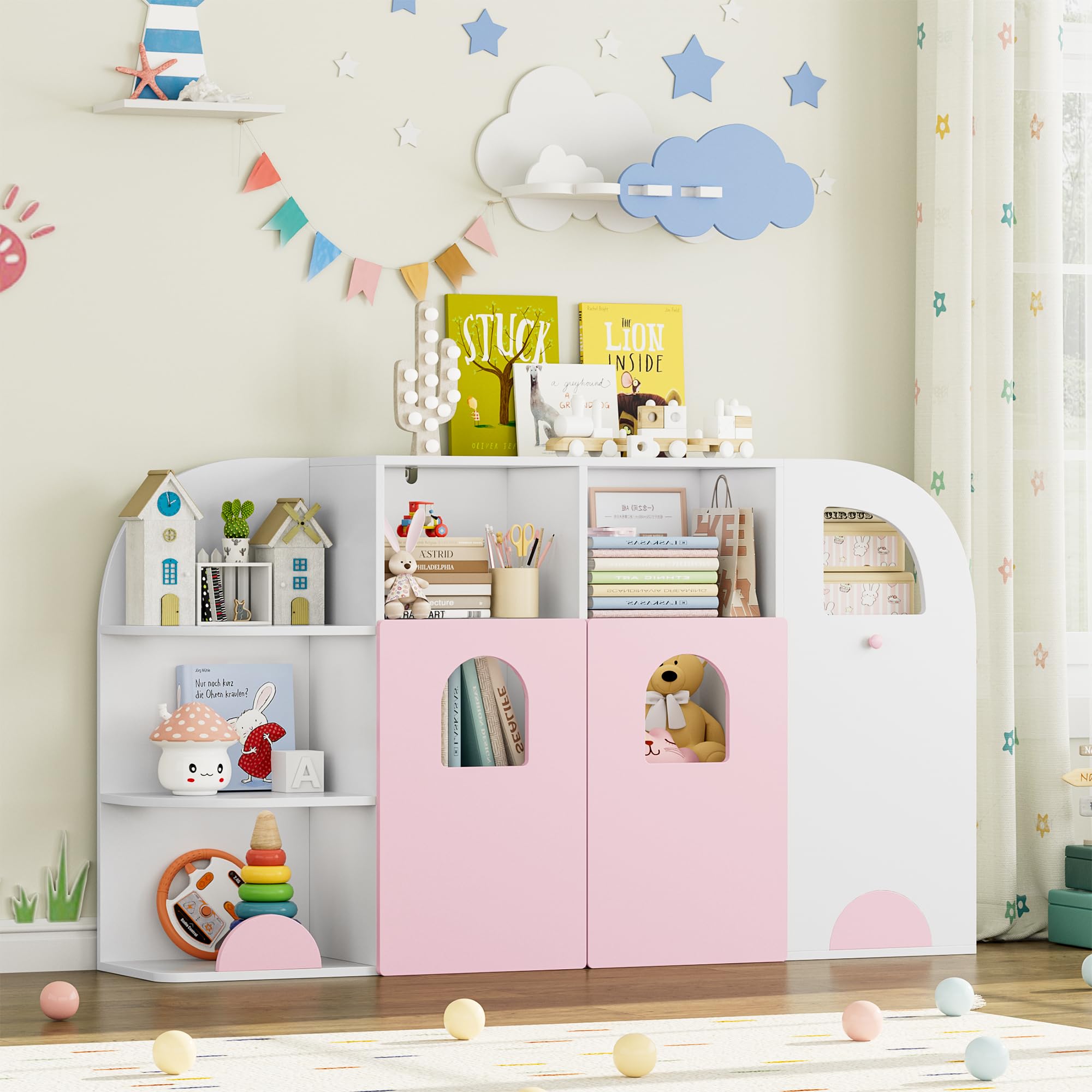 FOTOSOK Toy Storage Organizer with Truck Design, Kids Bookshelf with 12 Storage Cubbies and 2 Door, Toy Organizers and Storage for Playroom, Bedroom, School, Nursery, Pink and White