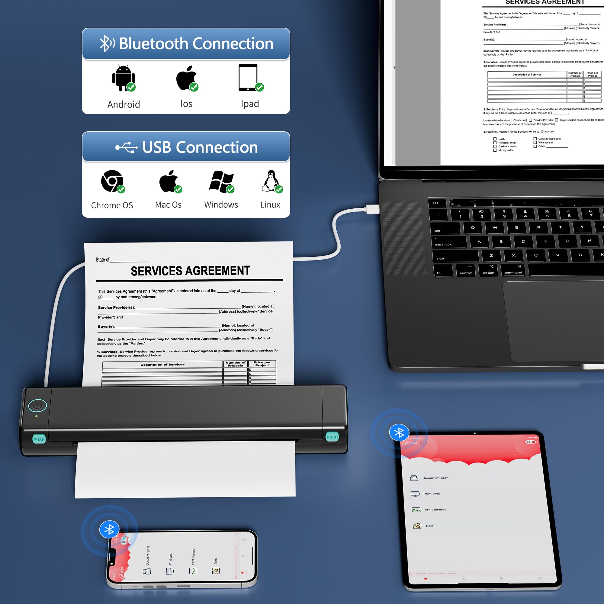 Portable Printers Wireless for Travel, M08F Thermal Inkless Printers for Home use, Compatible with Phone & Laptops, M08F Printer Kit & Letter Size Folded Paper 200 Sheets