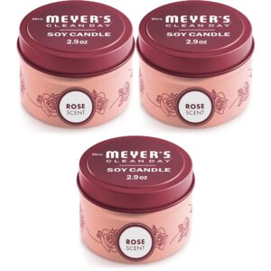 mrs. meyer's clean day soy tin candle, 12 hour burn time, 3 pack, made with soy wax and essential oils, 2.9 oz, rose