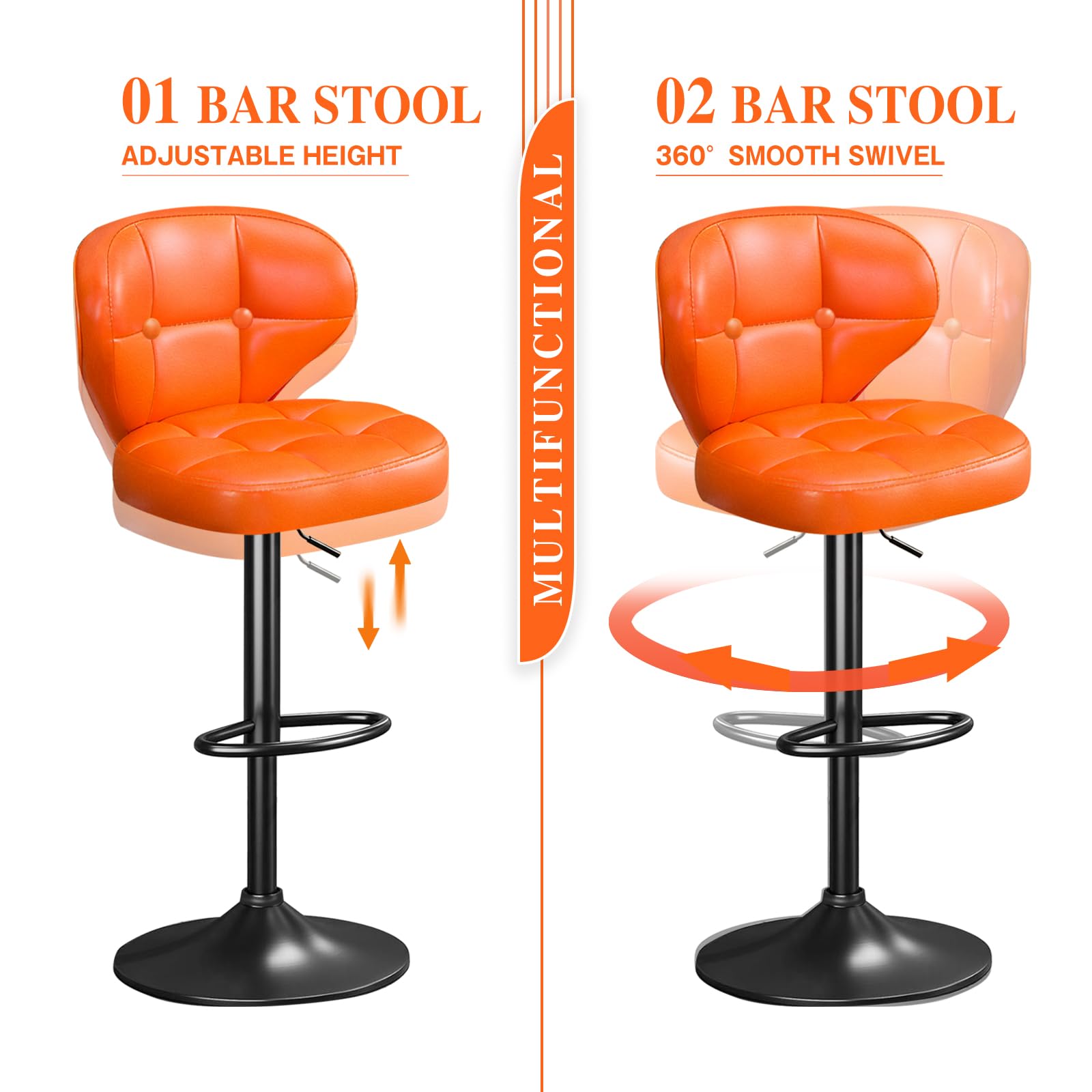 Modern Bar Stool Set of 2 Swivel Kitchen Stool Height Adjustable Padded Seat with Backrest Metal Frame Anti-Slip Base Ideal for Home Restaurant Bar (Orange)