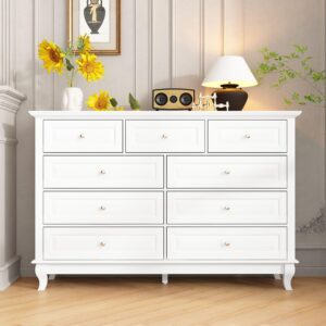 TAMUNE Chest of Drawers 9 Drawer Dresser for Bedroom, Modern White Dresser with Silver Knobs, Wide 9 Drawer Chest with Wood Legs for Bedroom Living Room, 15.7”D x 55.1”W x 37”H