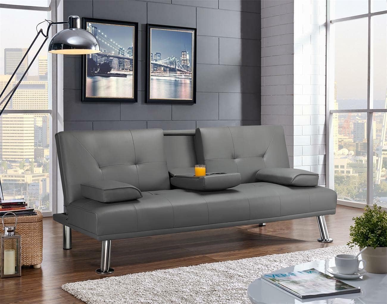 Futon Sofa Bed Modern Folding Couch for Small Space, Faux Leather Convertible Loveseat Sleeper Bed Daybed Recliner Lounge Sofas for Living Room,2 Cup Holders,Metal Legs,Removable Armrests (Gray)