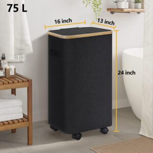 Black Laundry Hamper with Lid and Wheels,Rolling Laundry Basket with Handles Foldable Dirty Clothes Hamper Wheeled Laundry Hamper for Bedroom Dorm Laundry Room-75L