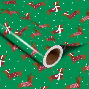 lezakaa christmas green wrapping paper roll - dachshund dressed in festive customes, white dots xmas green design for christmas, holiday party gift wrap - 17 inches x 16.4 feet (23.2 sq.ft.)