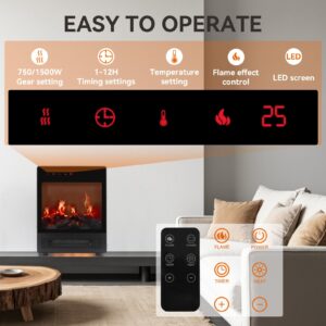 Electric Fireplace Heaters for Indoor Use, 750W/1500W Space Heater Fireplace with LED Realistic Flame & Remote, Portable Fireplace Heater for Home Office