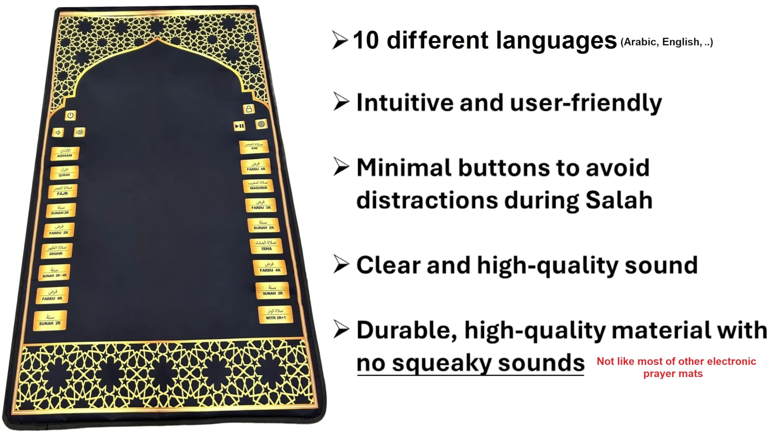 Electronic Prayer Mat - Smart Interactive Prayer Rug for Adults and Kids - Ideal Gift for New Converts and Those Learning or Perfecting Their Prayer - Comes with Islamic Prayer Beads (Black)