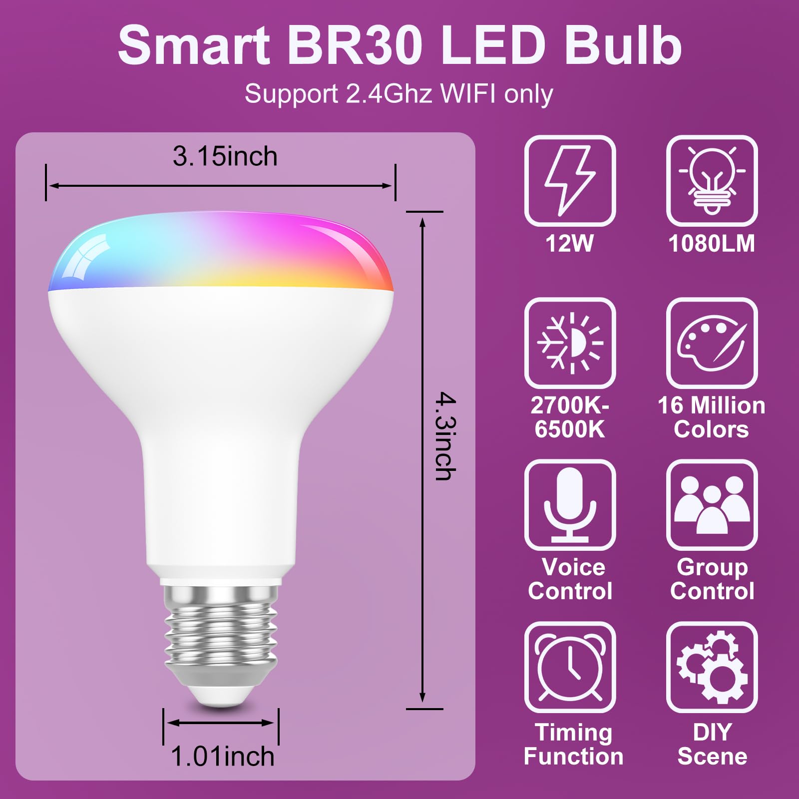 HYDONG Smart RGB Bulb,R80/BR30 Smart Bulbs Work with Alexa,SmartThings.Color Changing LED WiFi Bulb 12W,1080LM,2.4Ghz WiFi only. 4Pack