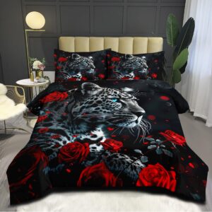 jolusere animal print bedding queen black cheetah comforter set red rose bedding set for boys kids teens safari leopard quilt insert soft lightweight breathable down comforter with 2 pillowcases