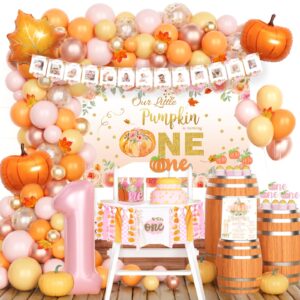 fiesec little pumpkin 1st birthday decorations, thanksgiving fall first birthday party decorations for girls, our little pumpkin is turning one decor banner balloon cake cupcake topper crown poster