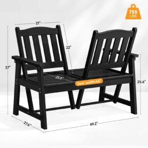 ONBRILL Outdoor Bench, 2-Person Weatherproof Garden Bench with Adjustable Backrest, All-Weather Patio Bench Will not Rot and Fade for Garden, Porch, Backyard and Park, Easy Installation, Black