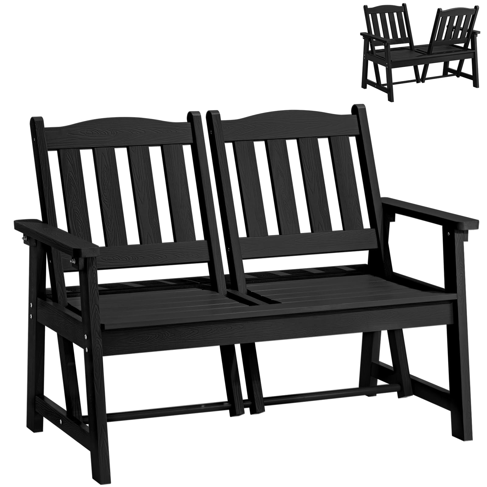 ONBRILL Outdoor Bench, 2-Person Weatherproof Garden Bench with Adjustable Backrest, All-Weather Patio Bench Will not Rot and Fade for Garden, Porch, Backyard and Park, Easy Installation, Black