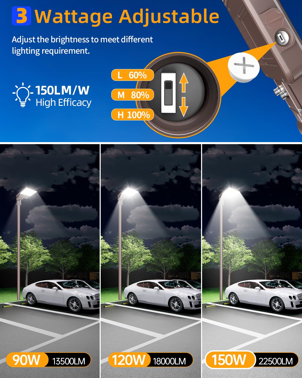 6PCS LED Parking Lot Lights 150W 120W 90W, LED Shoebox Light 5000K Adjustable Slip Fitter, UL Listed Outdoor Pole Light with Photocell, IP65 Waterproof Commercial Street Area Flood Lighting 100-277V