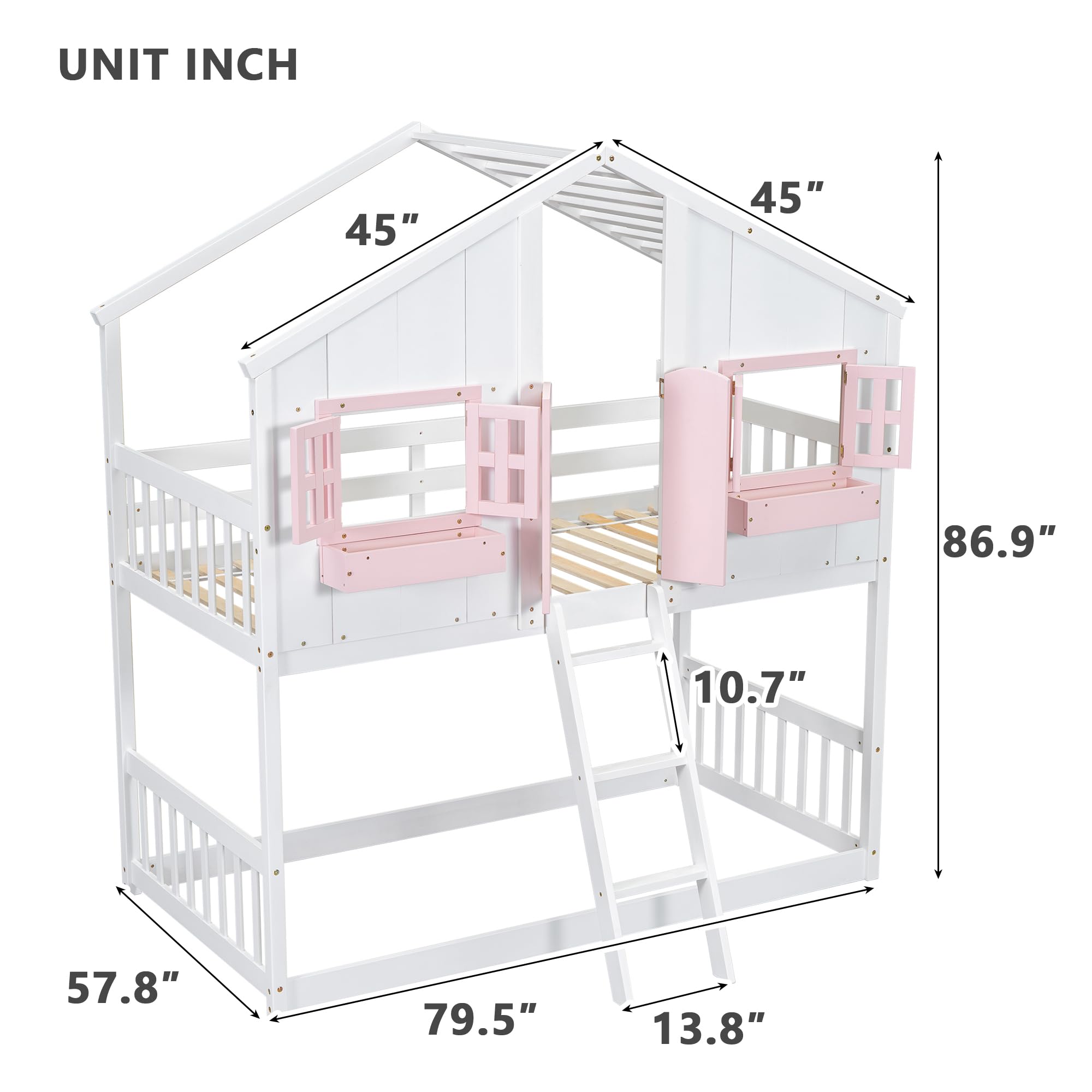 Harper & Bright Designs House Bunk Bed Twin Over Twin for Kids, Wood Bunk Beds with Roof, Windows, Window Box and Small Door, Floor Bunk Beds with Ladder and Guard Rails for Girls Boys,Pink