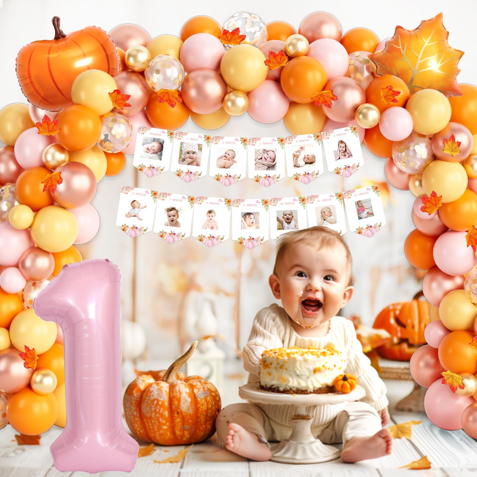 Fiesec Little Pumpkin 1st Birthday Decorations, Thanksgiving Fall First Birthday Party Decorations for Girls, Our Little Pumpkin is Turning One Decor Banner Balloon Cake Cupcake Topper Crown Poster