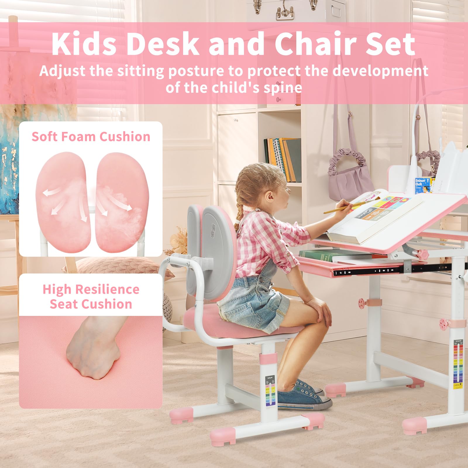 MOOITZ Kids Desk and Chair Set, Height-Adjustable Desk for Kids, Kid Desk with Led Lamps, Childrens Desk with 60° Tilting Tabletop, Upholstered Recliner and Multiple Extra-Large Storage Drawer (Pink)