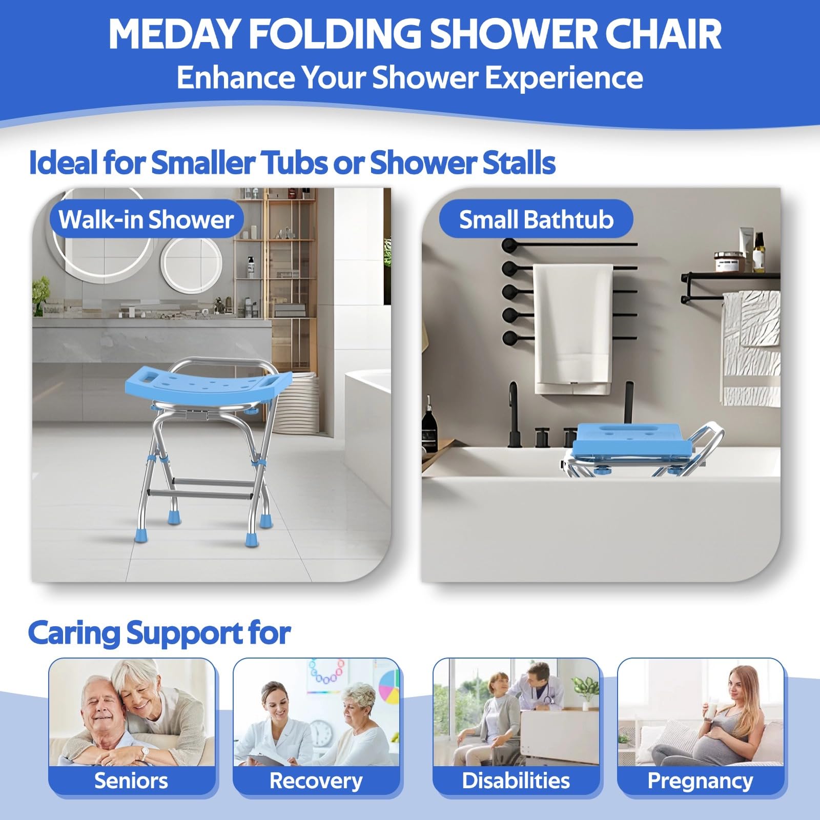 Folding Shower Seat - Stainless Steel Shower Chair for Inside Shower - 420lbs Height Adjustable Foldable Shower Stool - Portable Travel Collapsible Bath Bench for Elderly, Senior, Handicap & Disabled