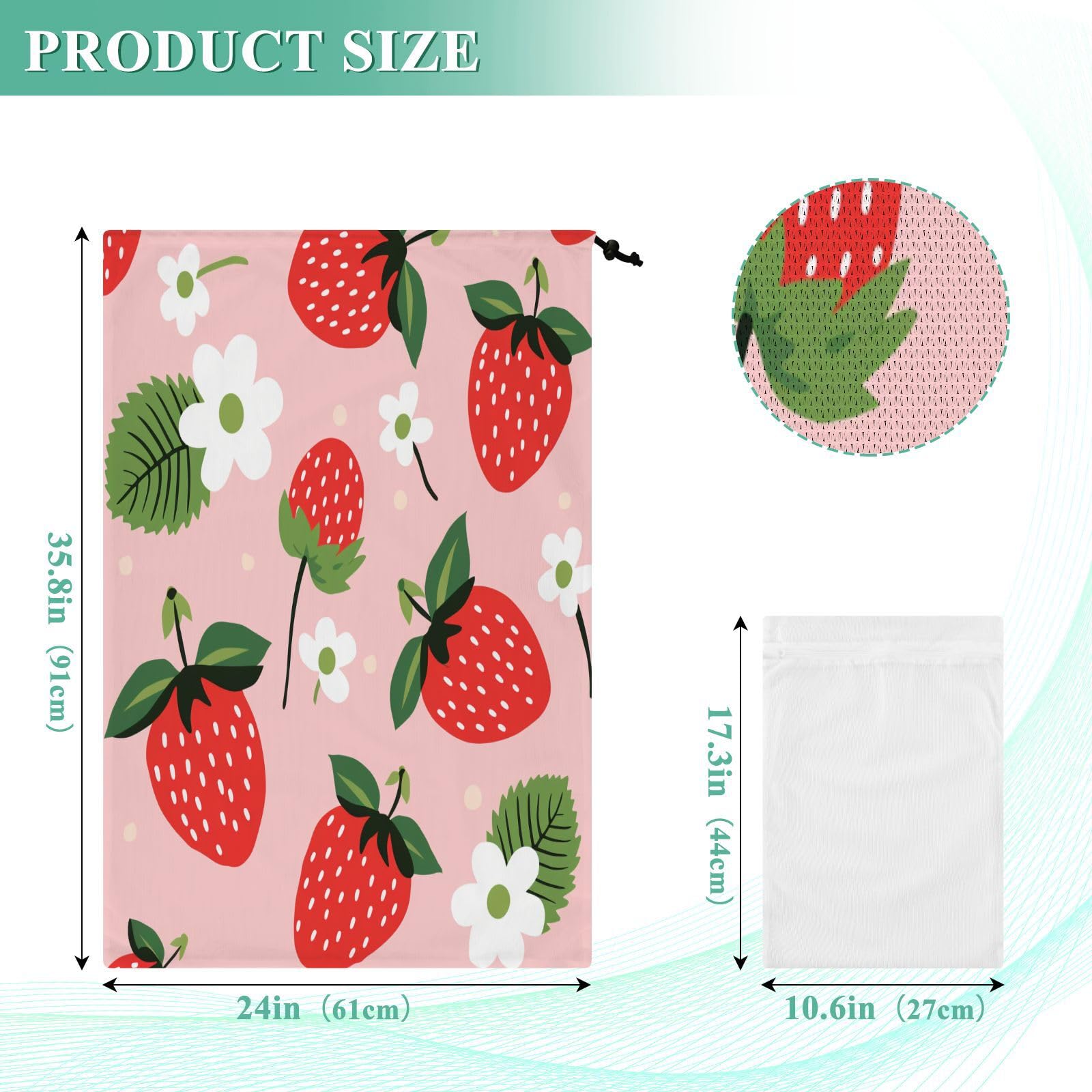 Extra Large Travel Laundry Bag And Mesh Laundry Bag, Rip-Stop Dirty Clothes Bag with Drawstring, Duty Travel Laundry Bag, Large Laundry Hamper Liner (24" x 36") Cute Strawberry (28)