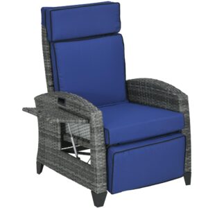 outsunny outdoor recliner chair with adjustable armrests, footrest, pe wicker reclining patio lounge chair with cushions, side tray table for porch, balcony, dark blue