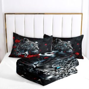 Jolusere Animal Print Bedding Queen Black Cheetah Comforter Set Red Rose Bedding Set for Boys Kids Teens Safari Leopard Quilt Insert Soft Lightweight Breathable Down Comforter with 2 Pillowcases