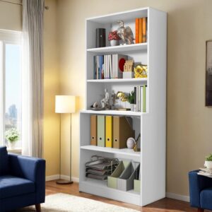 holzart 71" tall book shelf, 5 tier large bookshelf, standing wood display book shelf for living room, office, library with doors, 31.5" w x 70.87" h x 15.7" d, white