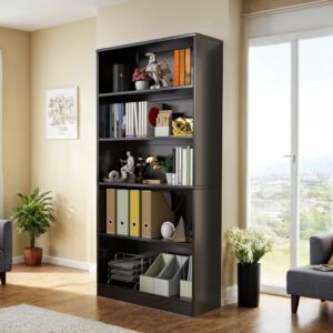 holzart 71" tall book shelf, 5 tier large bookshelf, standing wood display book shelf for living room, office, library with doors, 31.5" w x 70.87" h x 11.81" d, black