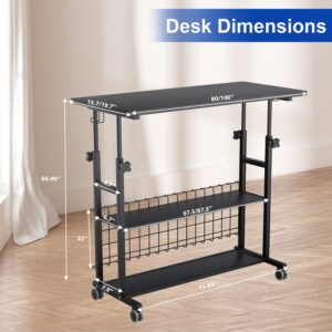 AIZ Rolling Laptop Cart with Storage for Small Spaces Portable Mobile Adjustable Computer Table on Wheels for Couch Bedrooms Black 39.4’’x19.7’’