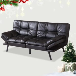 muuegm 71" memory foam futon sofa bed, couch with adjustable backrests and armrests, modern futon loveseat for living room, game room, small room leather sofa bed black