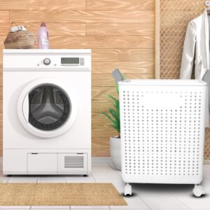 Collapsible Laundry Baskets With Wheels,Laundry Hamper,Foldable Rolling Laundry Basket Plastic With Handles& Breathable, 62L(16Gallon) White