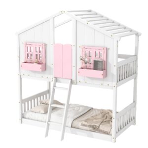 Harper & Bright Designs House Bunk Bed Twin Over Twin for Kids, Wood Bunk Beds with Roof, Windows, Window Box and Small Door, Floor Bunk Beds with Ladder and Guard Rails for Girls Boys,Pink