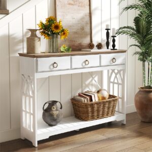 funitydg,43" console tables for entryway with drawers, farmhouse entryway table with shelf, narrow long entry table with solid wood legs, rustic vintage sofa foyer tables for entryway, white