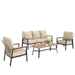 HERA'S HOUSE Patio Furniture Set, 2 x High Back Cushioned Leg Chair, 1 x 3-Seat Sofa with Wood Grain Coffee Table, All-Weather Rattan 5 Seats Outdoor Furniture for Lawn Garden Backyard Deck