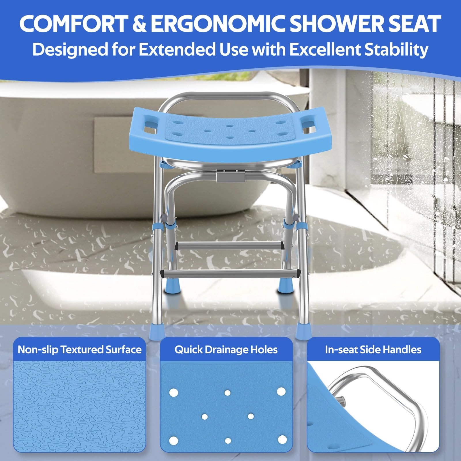 Folding Shower Seat - Stainless Steel Shower Chair for Inside Shower - 420lbs Height Adjustable Foldable Shower Stool - Portable Travel Collapsible Bath Bench for Elderly, Senior, Handicap & Disabled