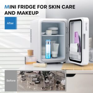 ECOWELL Mini Skincare Fridge with LED Mirror, 4L/6Can Skin Care Fridge for Makeup Cosmetic Beauty, Small Refrigerator for Bedroom Office Dorm Car, Cooler & Warmer, White