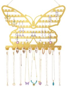 nihome butterfly wall mounted jewelry organizer, decorative metal earring and necklace holder for bedroom, vanity, or closet, stylish organizer with easy hanging for fashion lovers (gold)