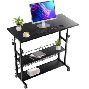 aiz rolling laptop cart with storage for small spaces portable mobile adjustable computer table on wheels for couch bedrooms black 39.4’’x19.7’’