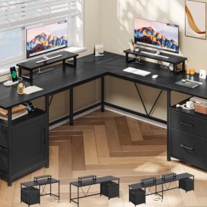 UPOSOJA 67in L Shaped Computer Desk with Power Outlets, 90.5in Long Home Office Desks with 2 Monitor Stands, 2PC Small Corner Table, Storage Cabinet Rack Drawers(Black)