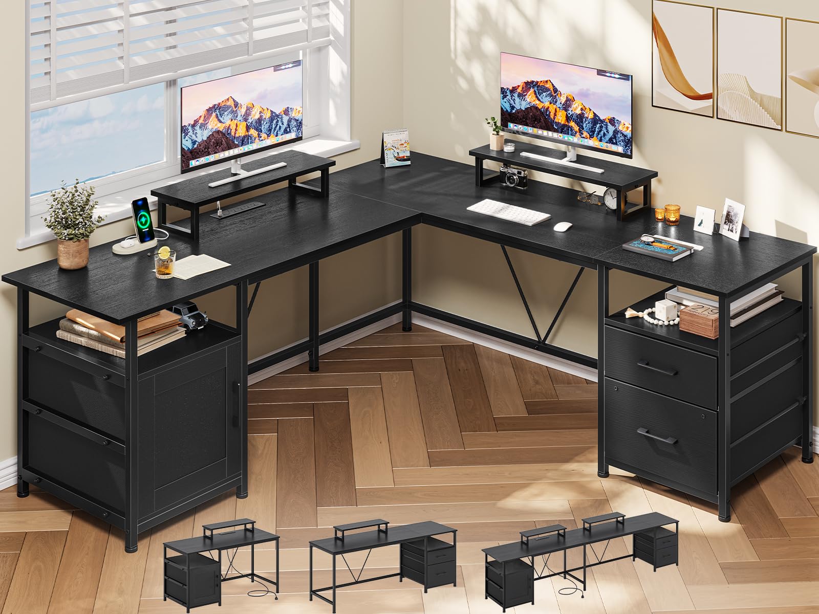 UPOSOJA 67in L Shaped Computer Desk with Power Outlets, 90.5in Long Home Office Desks with 2 Monitor Stands, 2PC Small Corner Table, Storage Cabinet Rack Drawers(Black)