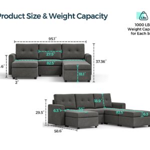 LINSY HOME Rubik III 95" Sectional Sleeper Couch, Modular Sofa Bed Couch with Storage, 6 Seats Convertible Sleeper Sofa for Living Room, 3 Seats with 3 Ottomans, Dark Grey