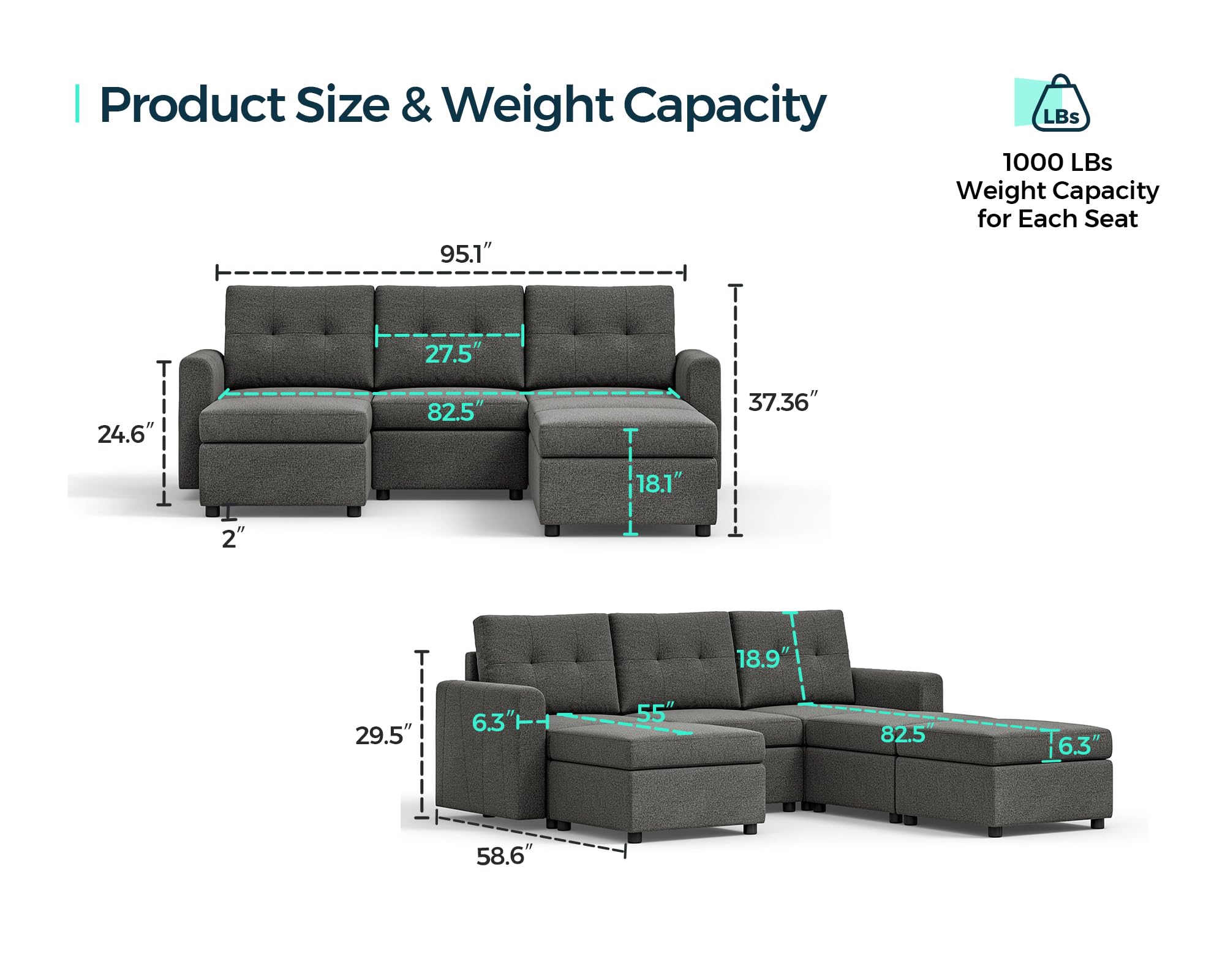 LINSY HOME Rubik III 95" Sectional Sleeper Couch, Modular Sofa Bed Couch with Storage, 6 Seats Convertible Sleeper Sofa for Living Room, 3 Seats with 3 Ottomans, Dark Grey